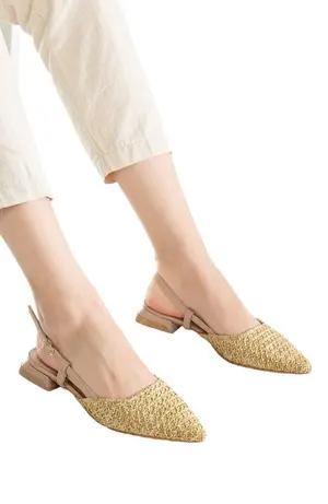 PROLOGUE SHOES Riley Woven Slingback Flats - Beige Faux Leather