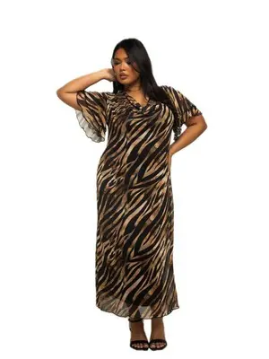 FASHION-SZN CURVE Mesh Midi Dress With Zebra Print - Black