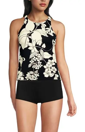 LANDS' END High Neck Strappy Back Tankini Swimsuit Top - Black/egret Lilies