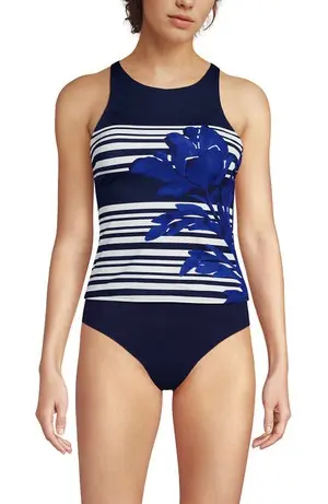 LANDS' END High Neck Strappy Back Tankini Swimsuit Top - Blue Stripe Floral Placement