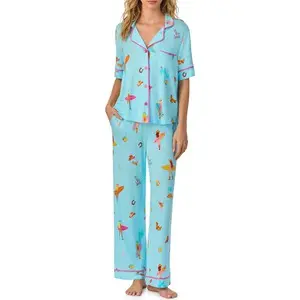 ROOM SERVICE Print Long Pajamas - Aqua Print