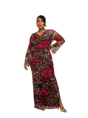 FASHION-SZN CURVE Leopard Print Mesh Maxi Dress