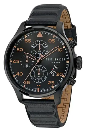 Ted Baker London Chronograph Leather Strap Watch - Black