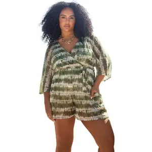 FASHION-SZN CURVE Textured Resort Playsuit With Belt - Green
