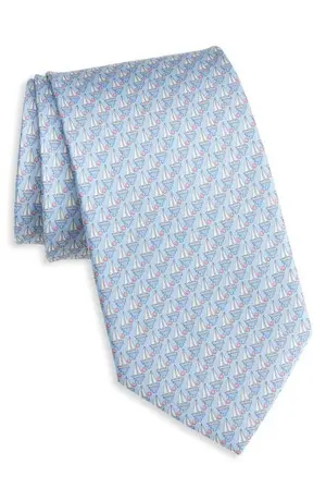 FERRAGAMO Alba Sailboat Print Silk Tie Celeste