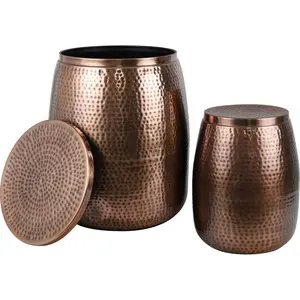 HAPPIMESS Merida Modern Rustic 2-piece Hammered Metal Drum Storage Side Tables With Lids - Antique Copper