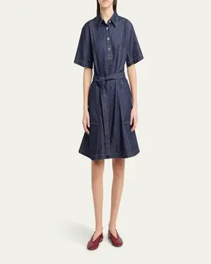 Bottega Veneta Short-sleeve Belted Denim Shirt Dress