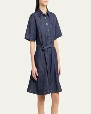 Bottega Veneta Short-sleeve Belted Denim Shirt Dress
