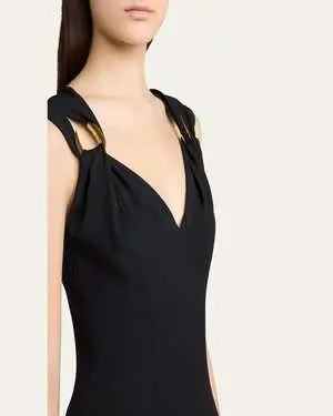 Bottega Veneta Buckle Sleeveless Grainy Viscose Linen Dress - Nero
