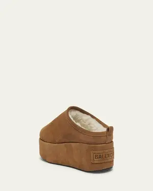 Balenciaga Alaska Suede Faux Shearling Mules - Camel