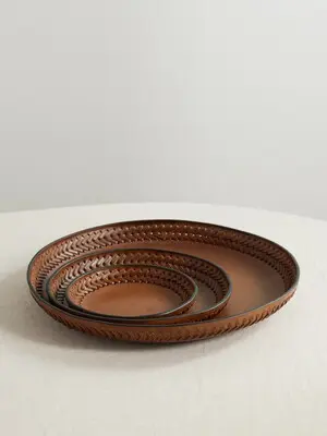HUNTING SEASON Set Of Three Whipstitched Leather Trays - Brown