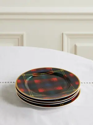 Ralph Lauren Alexander Set Of Four Gold-plated Checked Porcelain Plates - Red