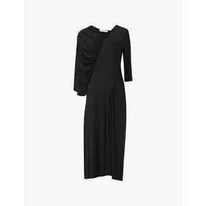 LEEM Asymmetric Gathered Panel Woven Midi Dress