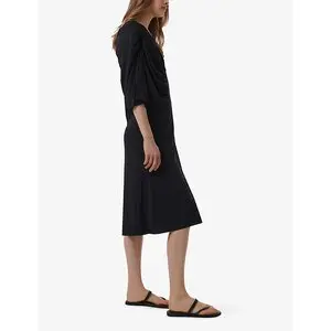 LEEM Asymmetric Gathered Panel Woven Midi Dress