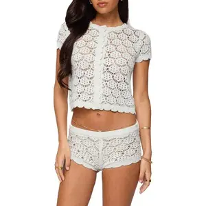 EDIKTED Elisa Open Knit Crop Cardigan - Cream