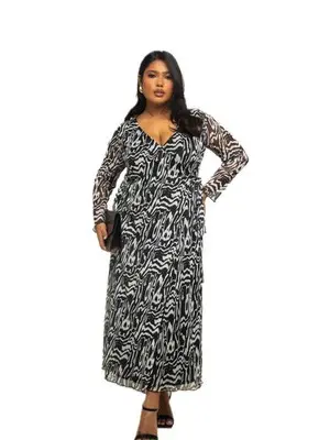 FASHION-SZN CURVE Printed Midaxi Dress With Slit - Black