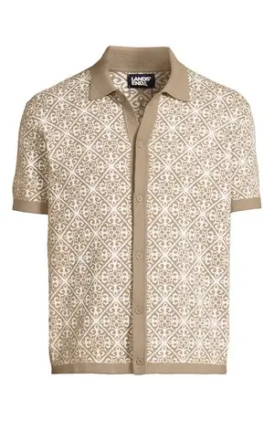 LANDS' END Short Sleeve Tile Jacquard Button Down Sweater Polo - Khaki /vanilla Tile