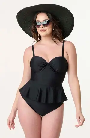 Unique Vintage Peplum Solana Tankini Swim Top - Black