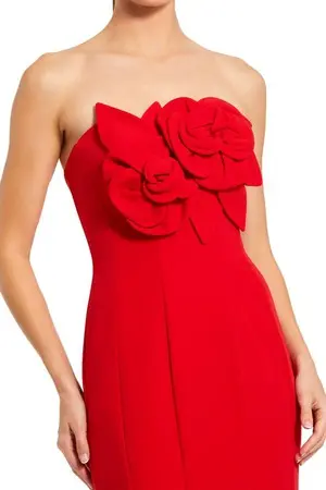 Mac Duggal Crepe Strapless Mermaid Gown With 3d Flowers - Red