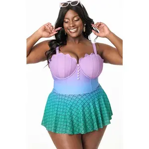 Unique Vintage Sweetheart One Piece Swimsuit With Skirt - Purple/blue Ombre