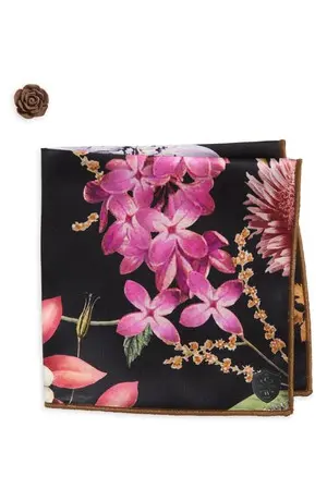 CLIFTON WILSON Fucshia Floral Silk Pocket Square - Brown