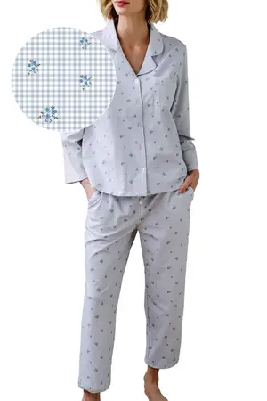 NOON Stretch Cotton Long Pajama Set - Blue Floral Gingham