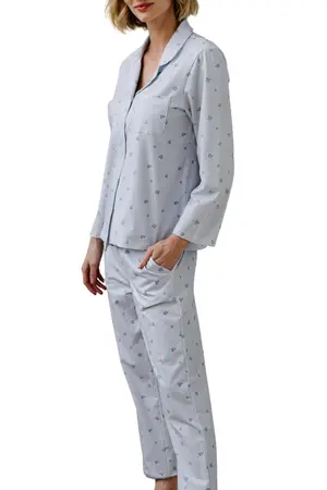 NOON Stretch Cotton Long Pajama Set - Blue Floral Gingham