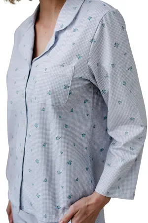 NOON Stretch Cotton Long Pajama Set - Blue Floral Gingham