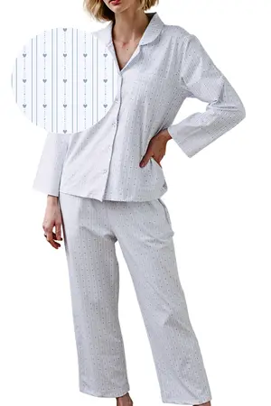 NOON Stretch Cotton Long Pajama Set Blue Heart Stripe