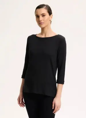 Majestic Filatures Stretch Linen Three-quarter Sleeve Boatneck T-shirt - Noir