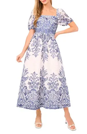 Ted Baker London Print Eyelet Puff Sleeve Midi Dress