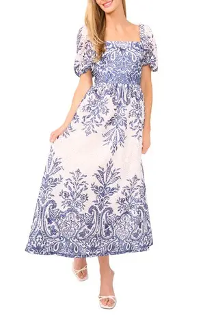 Ted Baker London Print Eyelet Puff Sleeve Midi Dress