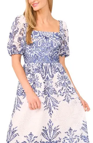Ted Baker London Print Eyelet Puff Sleeve Midi Dress