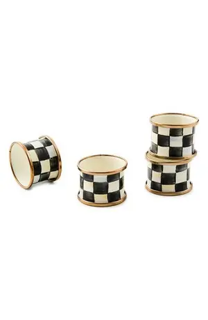 MACKENZIE-CHILDS Courtly Check Set Of 4 Enameled Steel Napkin Rings - Black/ White