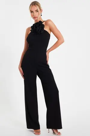 QUIZ Scuba Crepe Halter Neck Jumpsuit With Corsage - Black