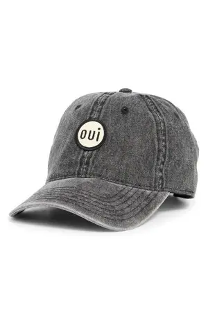 Clare V. Oui Patch Denim Baseball Cap - Faded Black W/ Cream Oui Patch