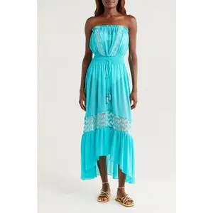 Ramy Brook Dorian Strapless Semisheer Cover-up Maxi Sundress - Beach Blue W/ White