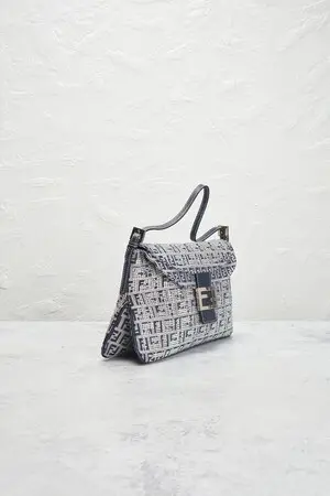 Fendi Embellished Zucchino Double Flap Baguette