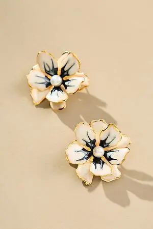 THE PINK REEF Handpainted Flower Stud Earrings - Black & White Pattern