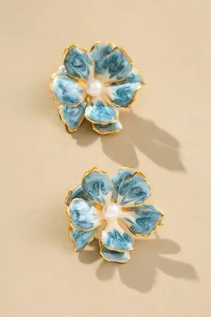 THE PINK REEF Handpainted Flower Stud Earrings - Light Blue