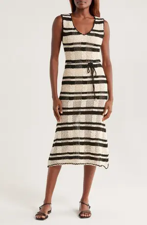 Elan Stripe Cotton Blend Midi Cover-up Dress - Natural/black Stripe