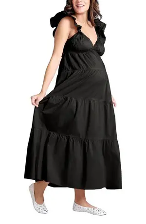 Motherhood Maternity Ruffle Sleeve Tie-back Maternity Maxi Dress - Black