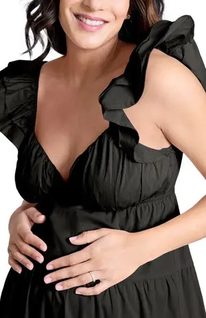Motherhood Maternity Ruffle Sleeve Tie-back Maternity Maxi Dress - Black