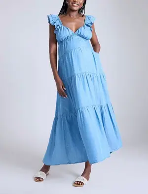 Motherhood Maternity Ruffle Sleeve Tie-back Maternity Maxi Dress - Chambray