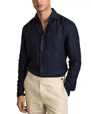 REISS Linen Slim Fit Shirt - Navy