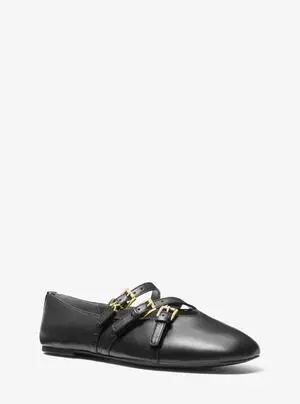 Michael Kors Indy Flex Leather Ballet Flats With Buckled Straps - Black