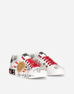 Dolce & Gabbana Calfskin Portofino Sneakers With Embroidery And Studs - Multicolor
