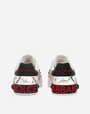 Dolce & Gabbana Calfskin Portofino Sneakers With Embroidery And Studs - Multicolor