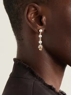 Alexander McQueen Gold-tone Crystal And Faux Pearl Skull Drop Earrings - White