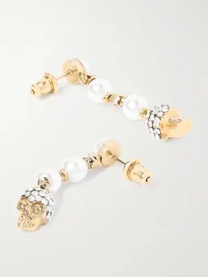 Alexander McQueen Gold-tone Crystal And Faux Pearl Skull Drop Earrings - White